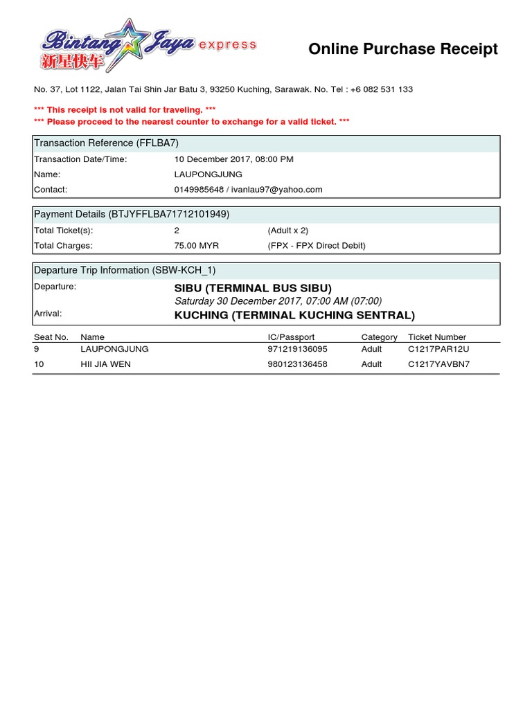 Online Purchase Receipt: Sibu (Terminal Bus Sibu) Kuching (Terminal ...