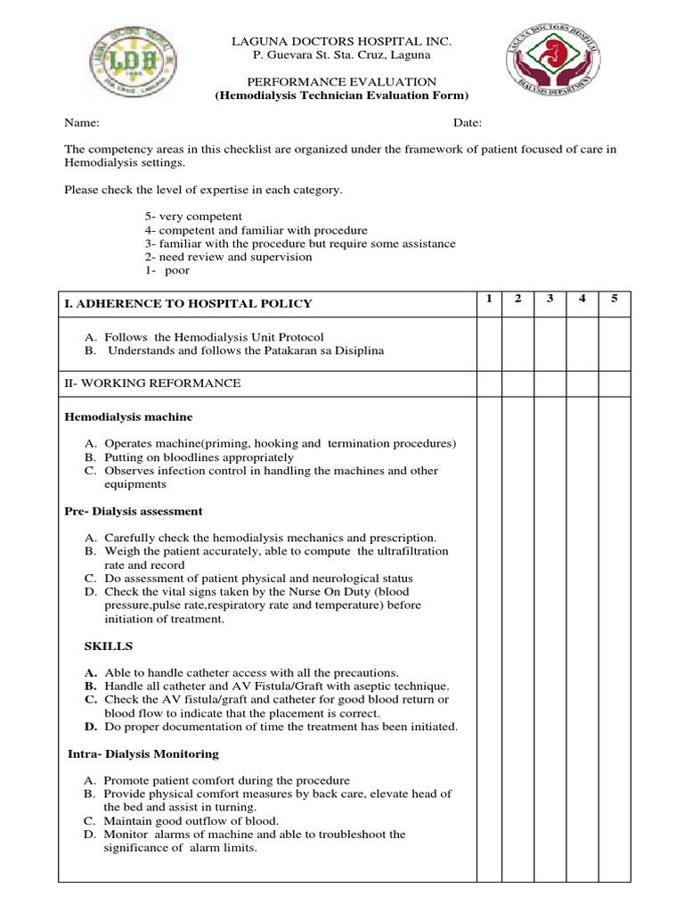 Dialysis Technician Evaluation Form | Hemodialysis | Medicine | Free 30 ...