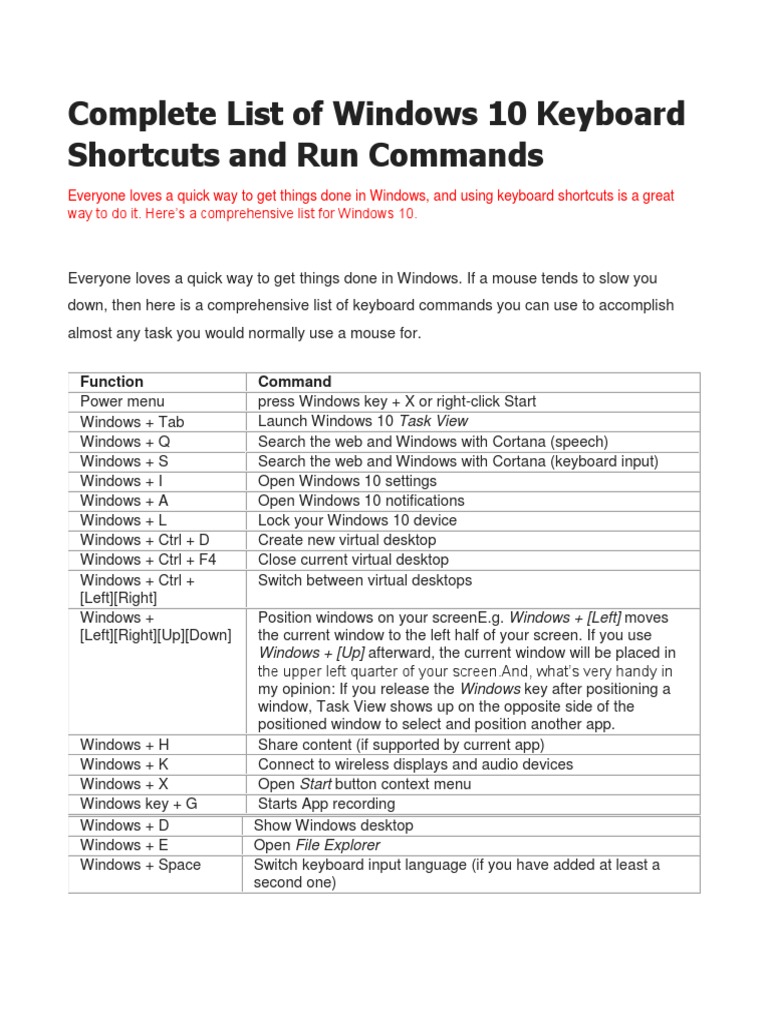 List of Windows 10 Keyboard Shortcuts and Run Commands | PDF | Windows Registry | Command Line ...