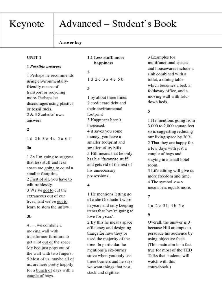 Keynote Advanced Answer Key | PDF | Clothing | Sleep