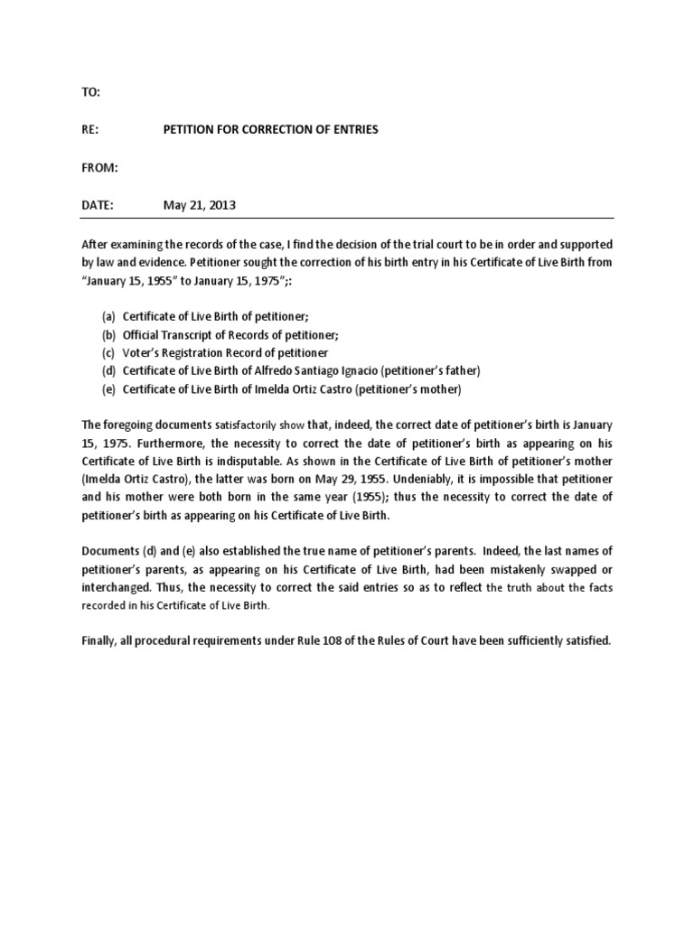 Petition For Correction of Entries: TO: RE: From: Date: May 21, 2013 | PDF