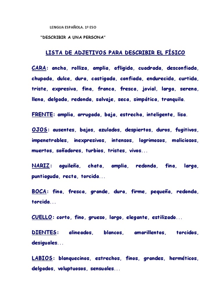 Adjetivos para Descripciones | PDF | Cara | Anatomía humana
