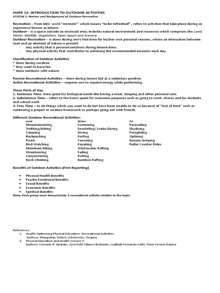 HOPE 12 - LESSON 1 2nd Sem | PDF | Outdoor Recreation | Recreation