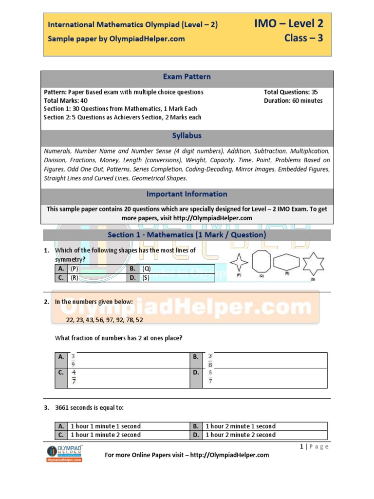 IMO Level 2 Sample Paper Class 3 PDF | PDF | Test (Assessment ...