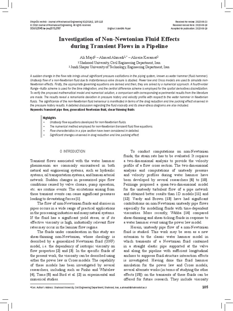 Investigation of Non-Newtonian Fluid Effects During Transient Flows in A Pipeline | PDF | Shear ...