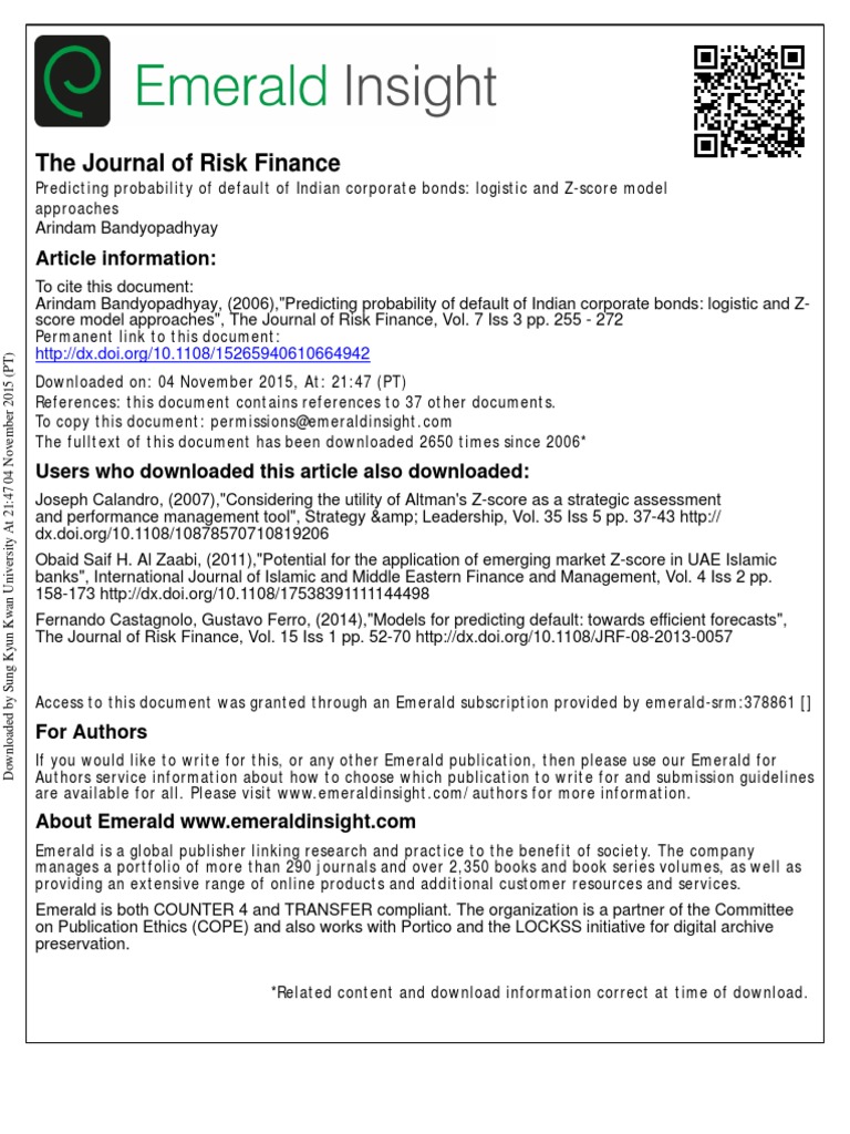 Predicting Probability of Default of Indian Corporate Bonds Logistic and Z-Score Model | PDF ...