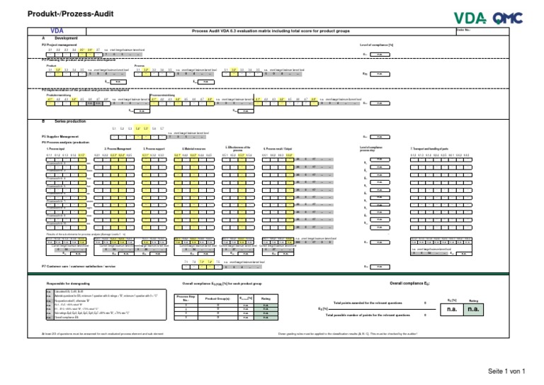VDA Volume 6.3 2016 Chapter 9.1 Process Audit Evaluation | PDF ...