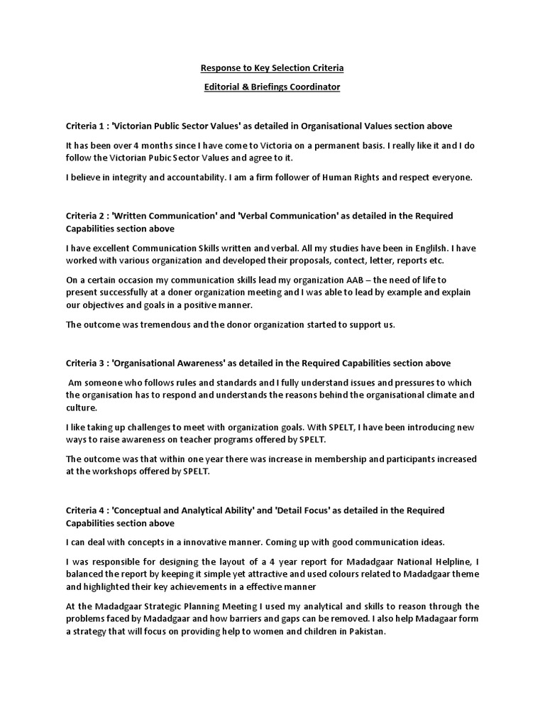 Key Selection Criteria Response Examples | PDF | Strategic Planning ...