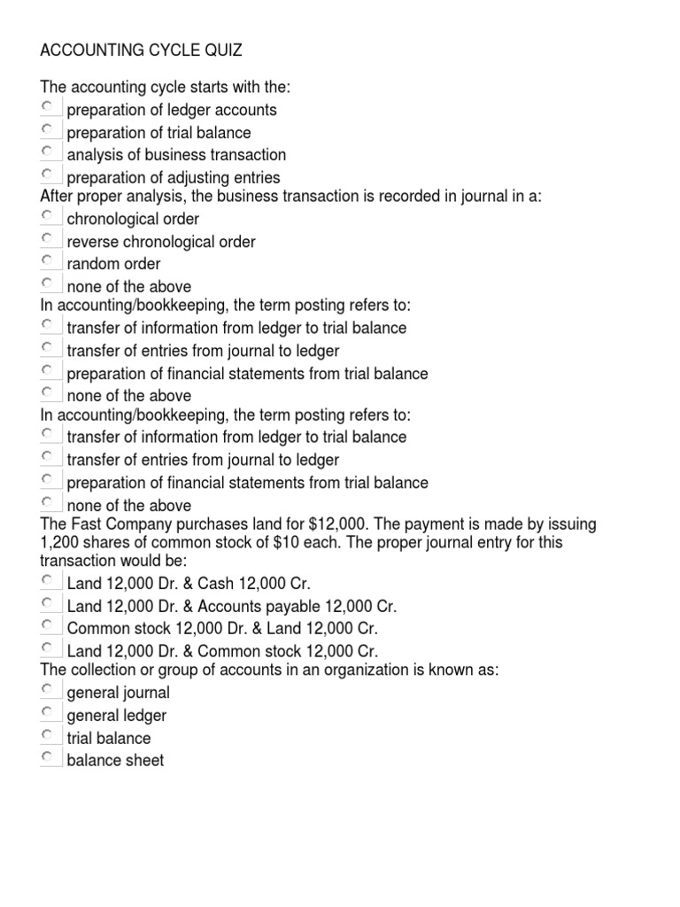 Accounting Cycle Quiz | PDF | Debits And Credits | Bookkeeping