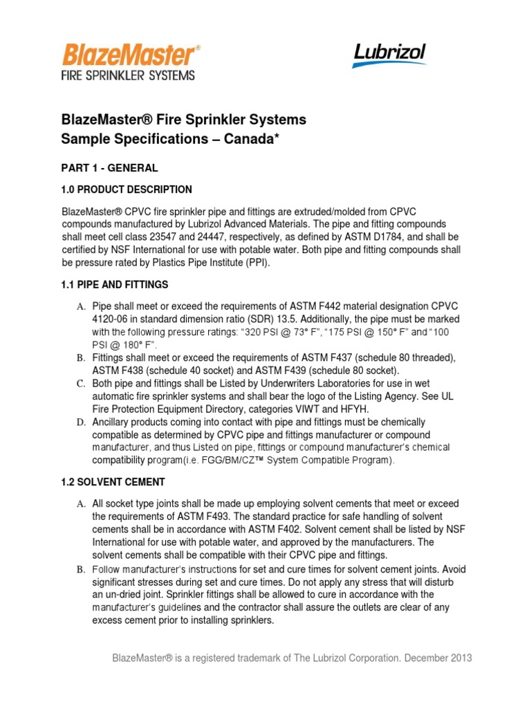 BlazeMaster Sample Specification - Canada | PDF | Polyvinyl Chloride | Fire Sprinkler System