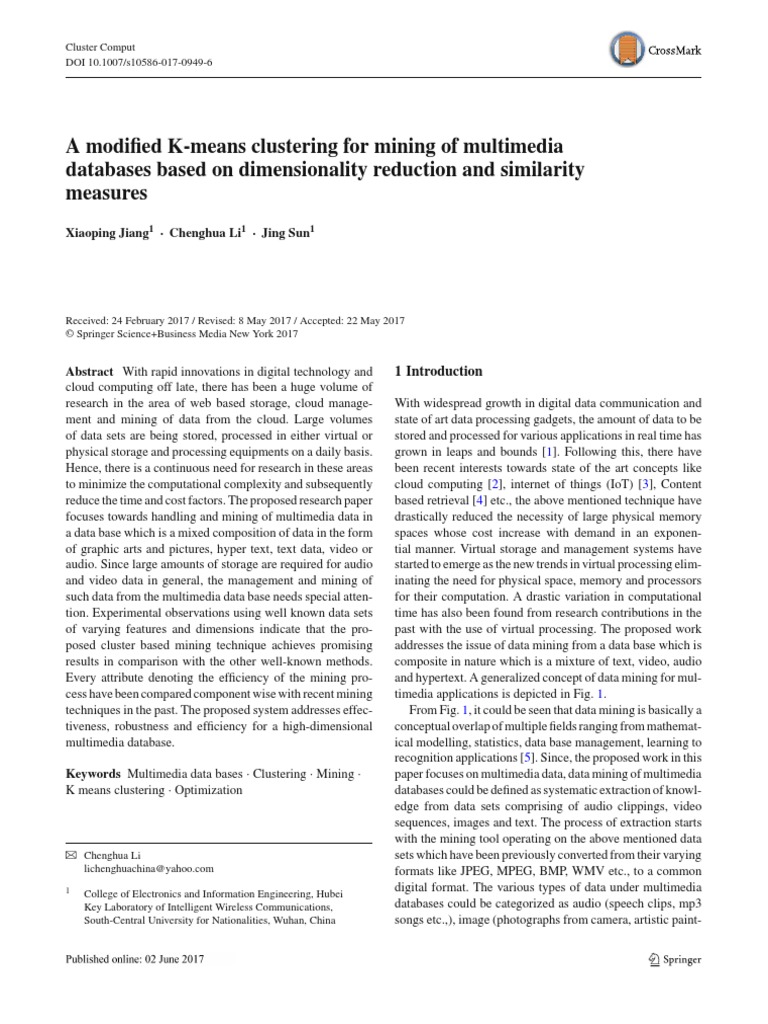 A Modified K Means Clustering For Mining Of Multimedia Pdf Principal Component Analysis