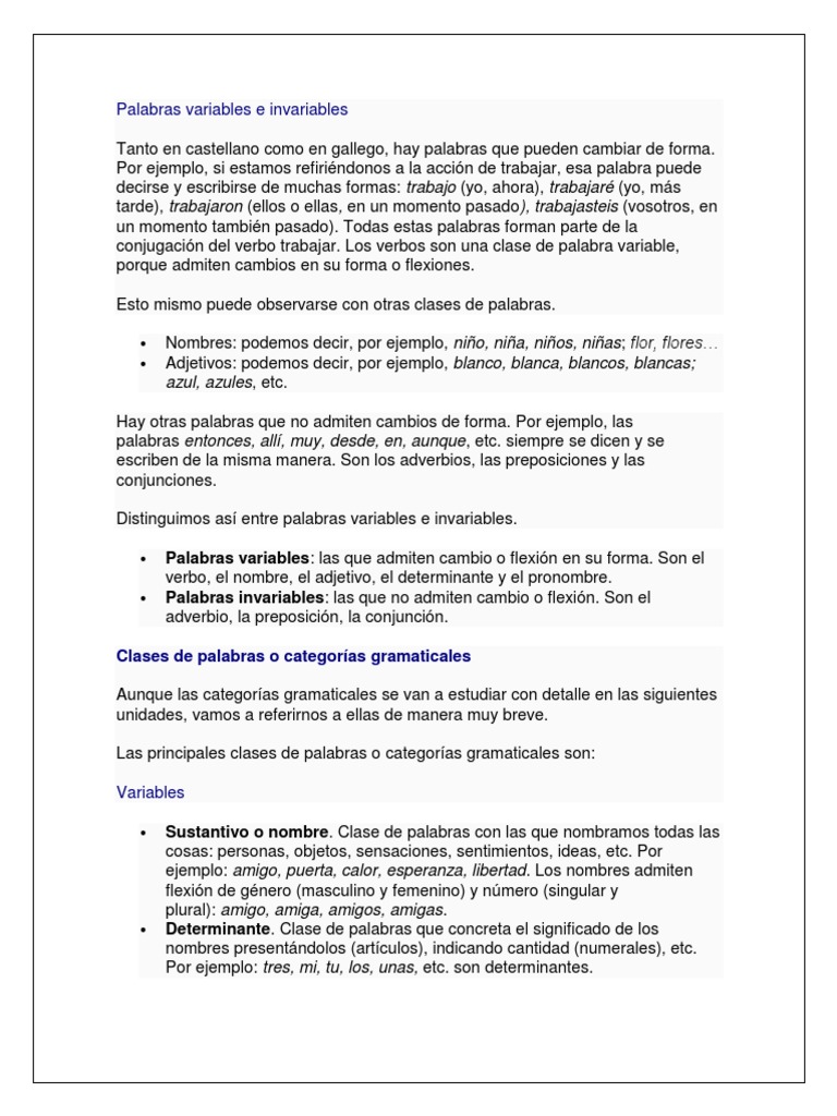 Palabras Variables e Invariables | Palabra | Sustantivo | Prueba ...