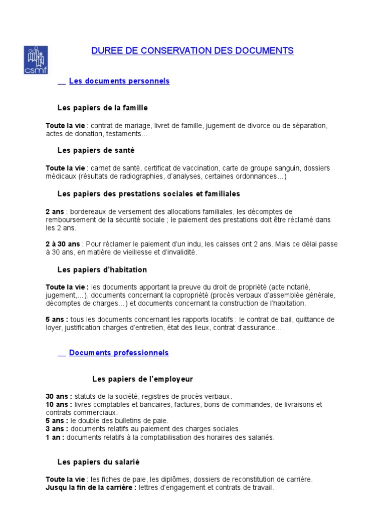 Duree de Conservation Des Documents | PDF | Facture | Impôts