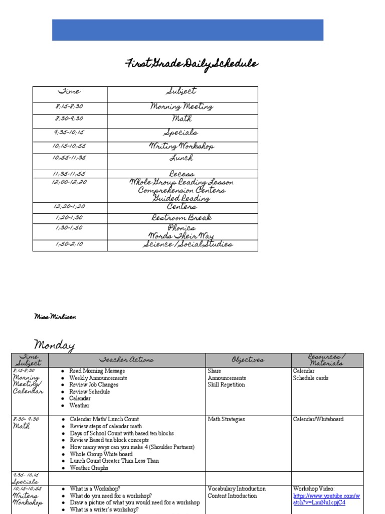 First Grade Daily Schedule | PDF | Phonics | Reading (Process)