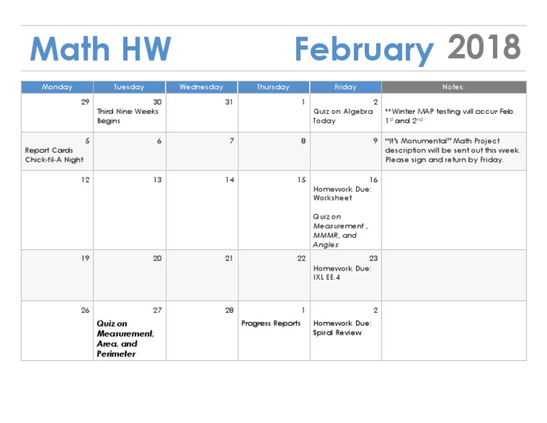 February Math Homework Calendar | PDF