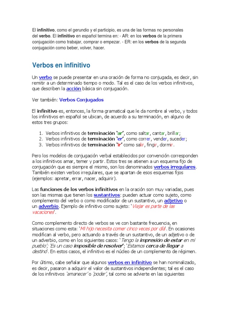 Verbos en Infinitivo | Verbo | Conjugación gramatical