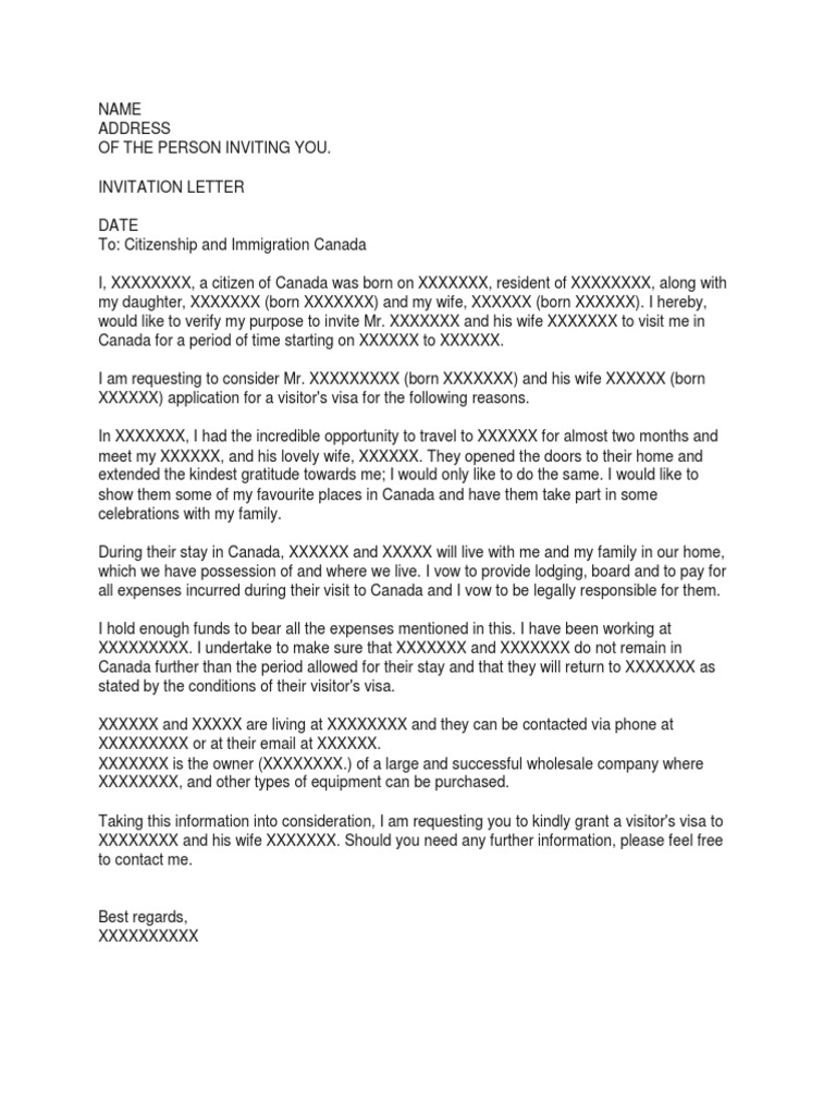 Invitation Letter for Canada Visitor Visa | PDF | Travel Visa | Citizenship