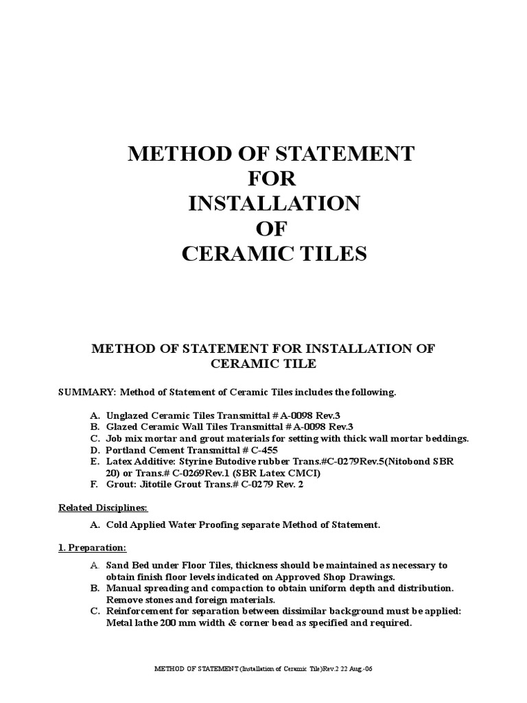 MOS (Installation of Ceramic Tile) REV2 | PDF | Tile | Mortar (Masonry)