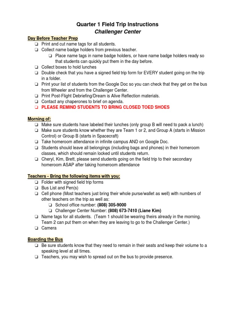 Challenger Field Trip Instructions Sy 17-18 | PDF | Schools