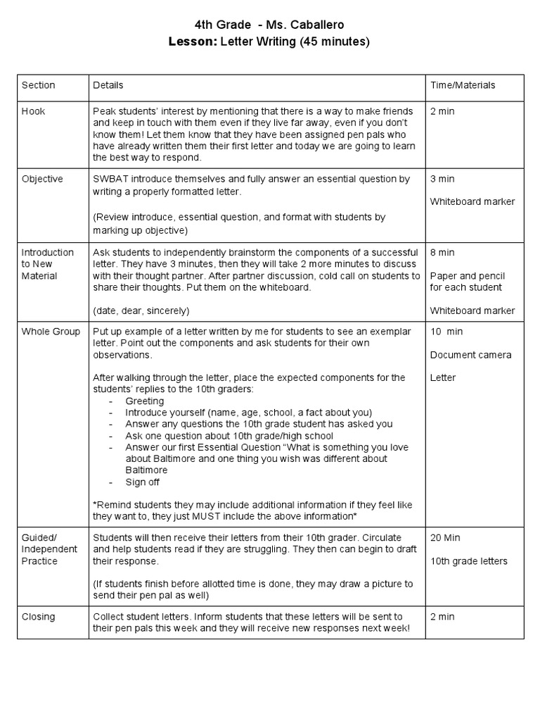 Letter Writing Lesson Plan | PDF | Language Arts & Discipline