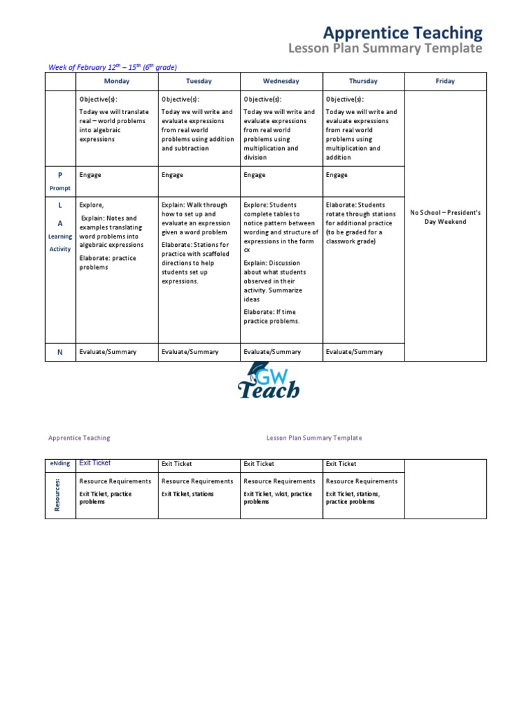 Apprentice Teaching: Lesson Plan Summary Template | Download Free PDF ...