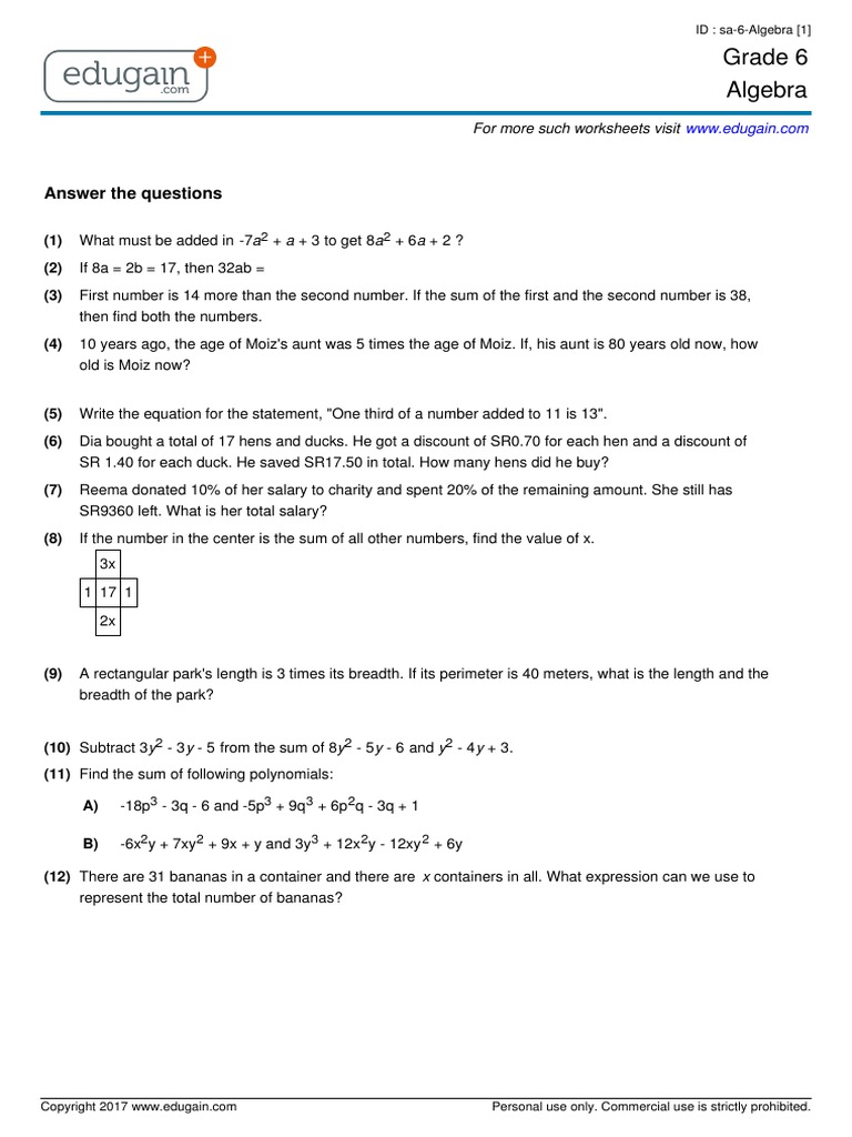 Grade 6 Algebra: Answer The Questions | Download Free PDF | Algebra ...