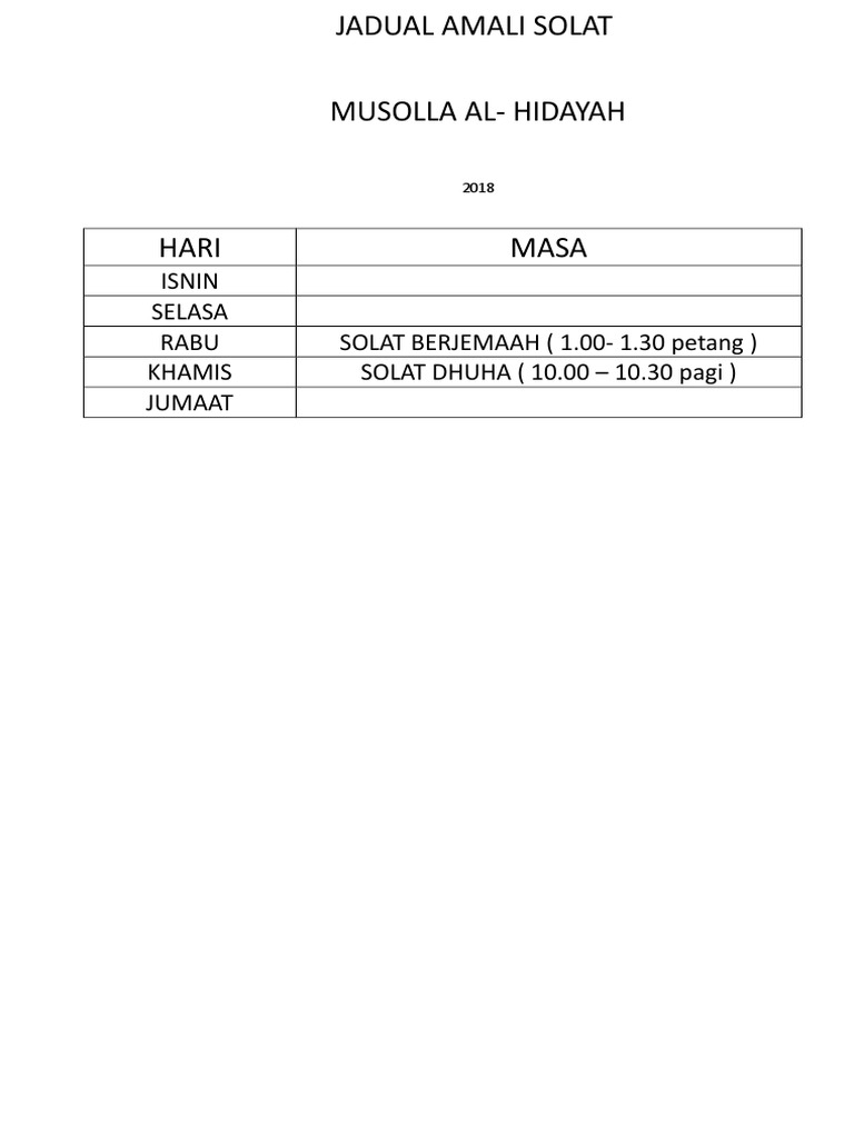Jadual Amali Solat 2018 | PDF