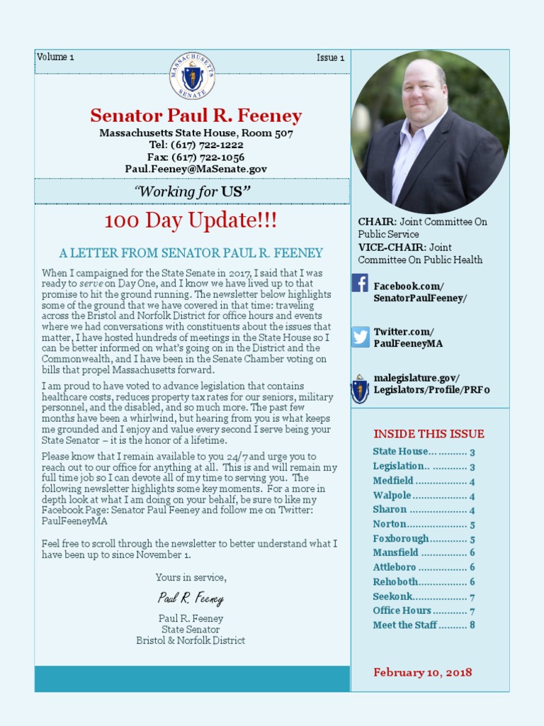 100 Day Update!!!: Senator Paul R. Feeney | PDF | United States Senate ...