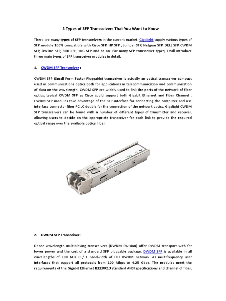 Overview of SFP Transceiver Types | PDF | Wavelength Division ...