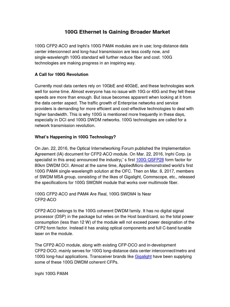 100G Ethernet Is Gaining Broader Market | PDF | Wavelength Division ...