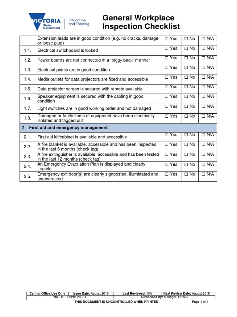General Workplace Inspection Checklist: First Aid and Emergency ...