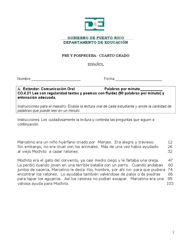 Prueba Diagnostica Espanol 4 | PDF | Puntuación | Lectura (proceso)