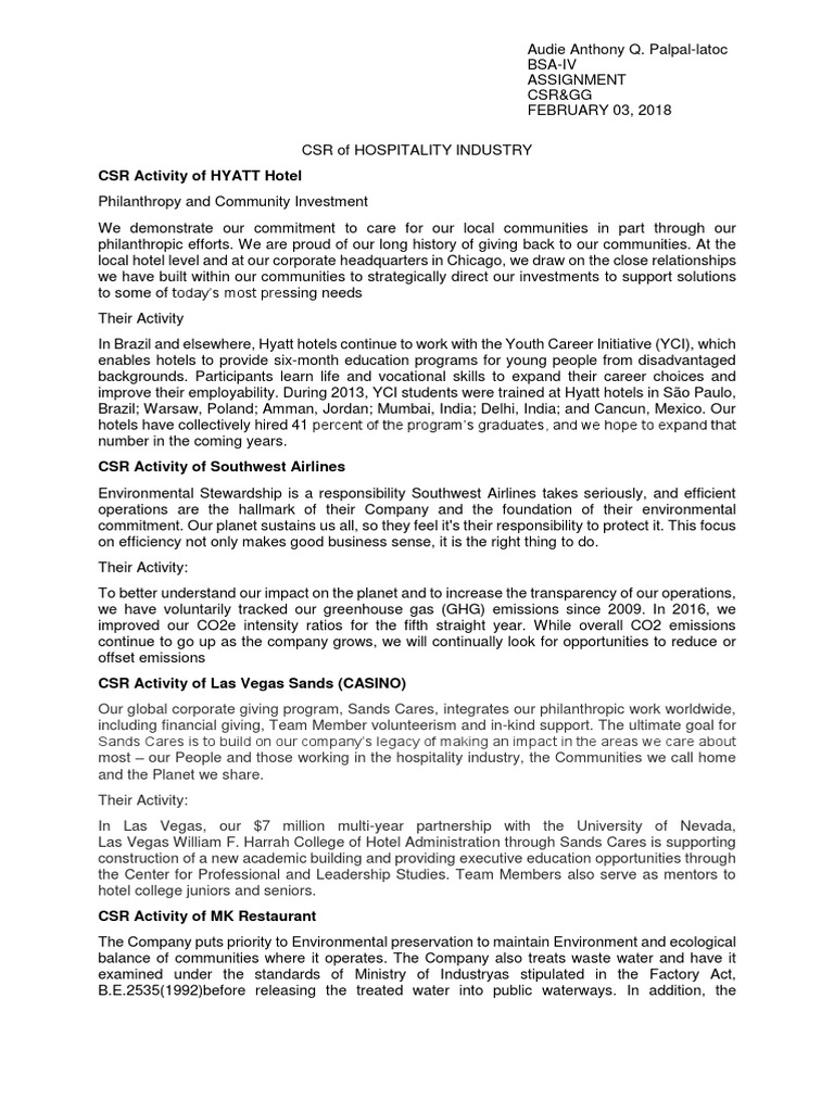 CSR Activity of HYATT Hotel | PDF | Corporate Social Responsibility ...