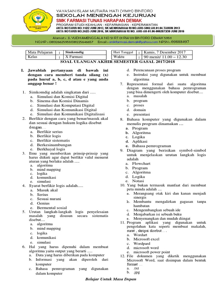 Soal PAS Simdig X Farmasi 2017-2018 | PDF