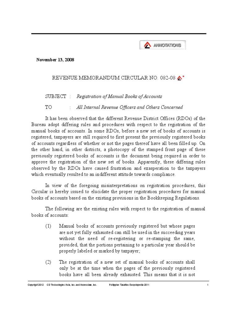 RMC No 82-08 Registration of Manual Books of Accounts | Download Free ...