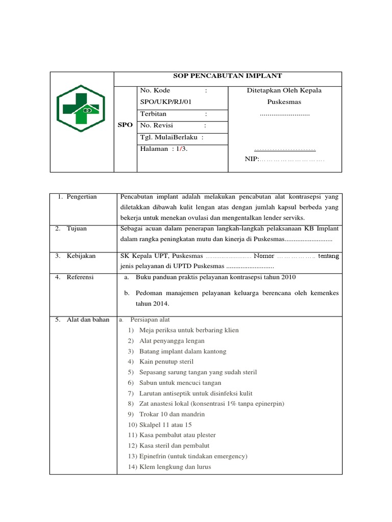 Sop Pencabutan Implan PDF | PDF