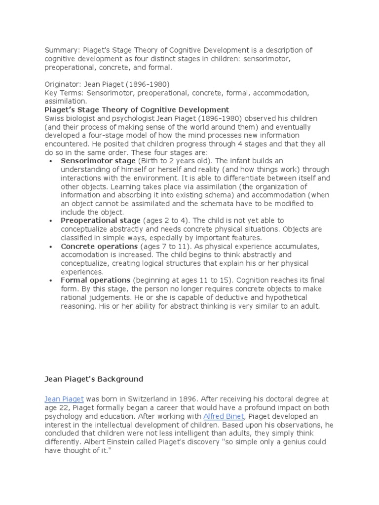 Piaget's Stage Theory of Cognitive Development | PDF | Cognitive ...