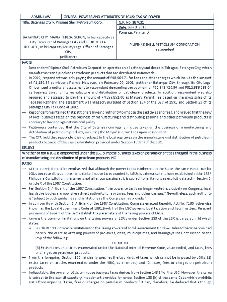 Batangas City v. Pilipinas Shell Petroleum Corp.: Local Government ...