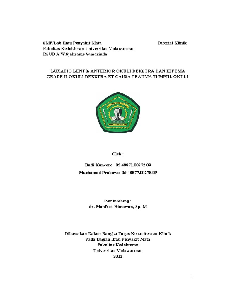 Lapkas Trauma Okuli, Luksasi Lensa | PDF