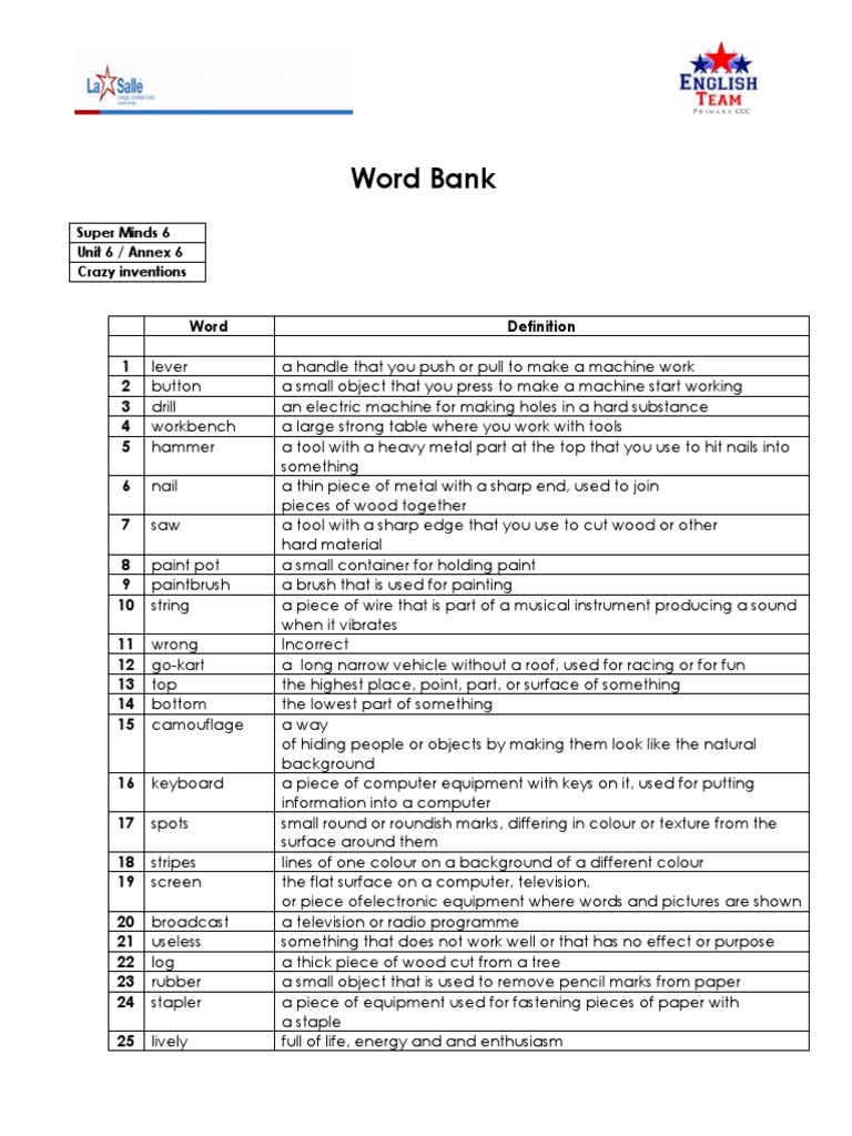Word Bank: Super Minds 6 Unit 6 / Annex 6 Crazy Inventions | PDF ...