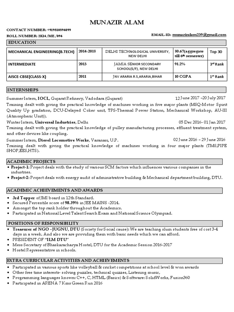 Mechanical Engineer Profile Munazir Alam | PDF | Further Education ...