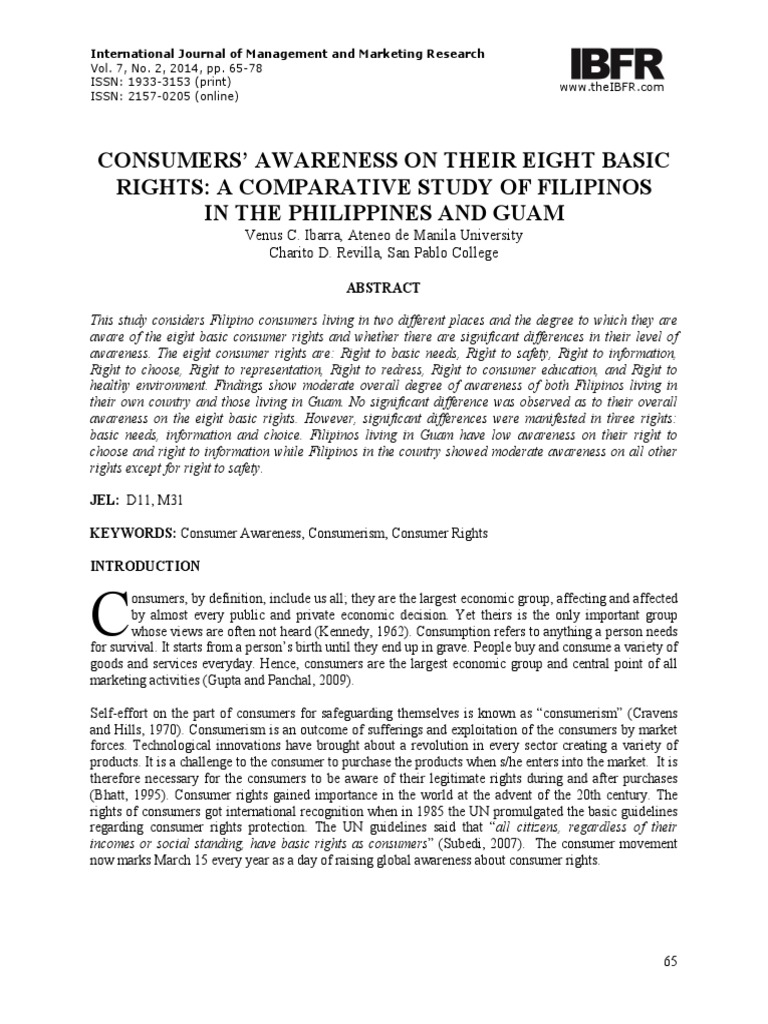 Consumers' Awareness On Their Eight Basic Rights: A Comparative Study ...