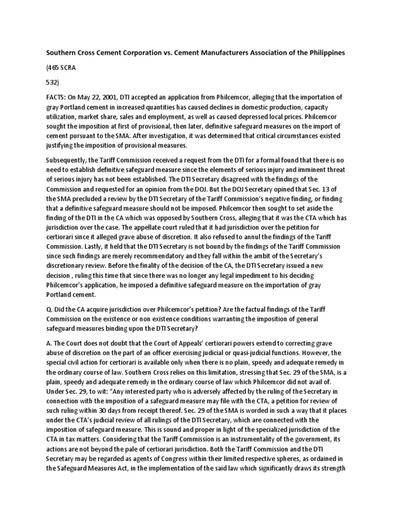 Southern Cross Cement Corporation vs. Cement Manufacturers Association ...