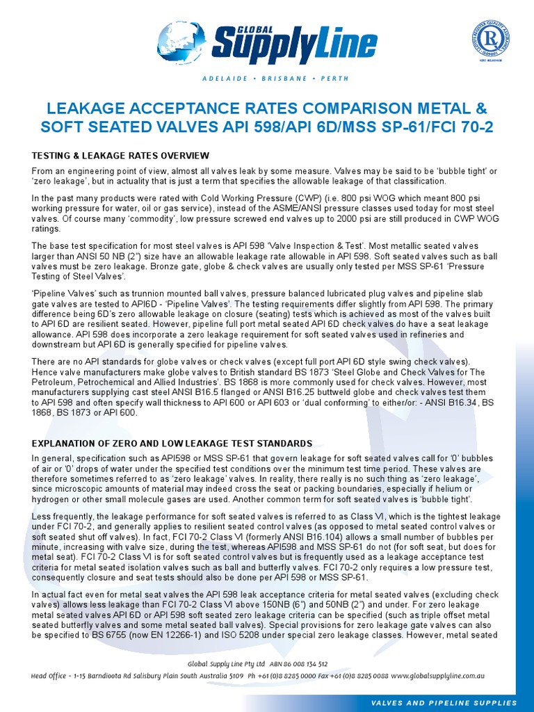 Leakage Acceptance Rates Comparison Metal & Soft Seated Valves Api 598 ...