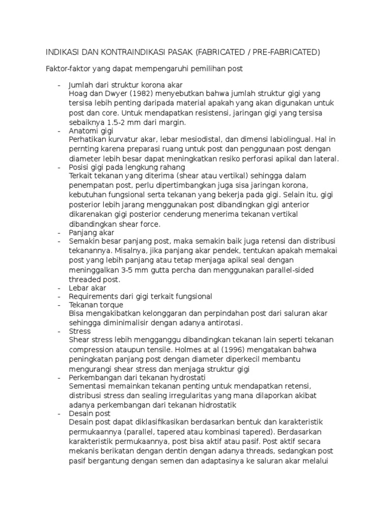 Indikasi Pasak Gigi Posterior Fabricated | PDF | Griya & Taman
