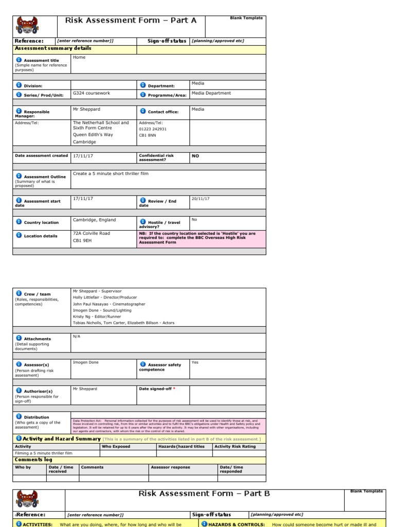 Risk Assessment Form - Part A: Reference: Sign-Off Status Assessment ...