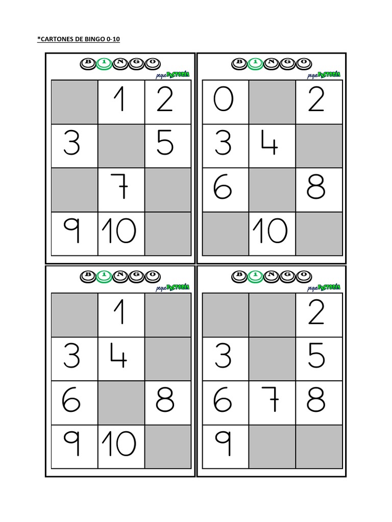 Cartones de Bingo del 1 al 10 para Imprimir | PDF | Juego | Entretenimiento