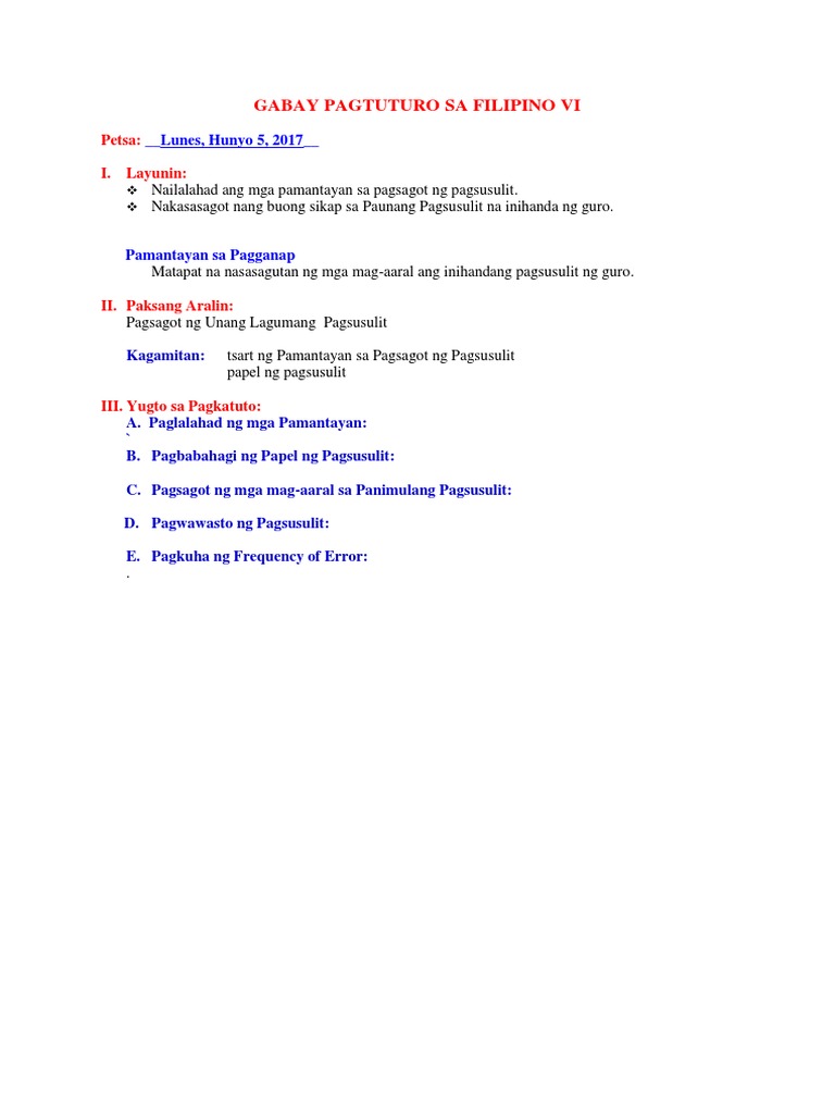 Paunang Pagsusulit Pagsusulit (Filipino 6) | PDF