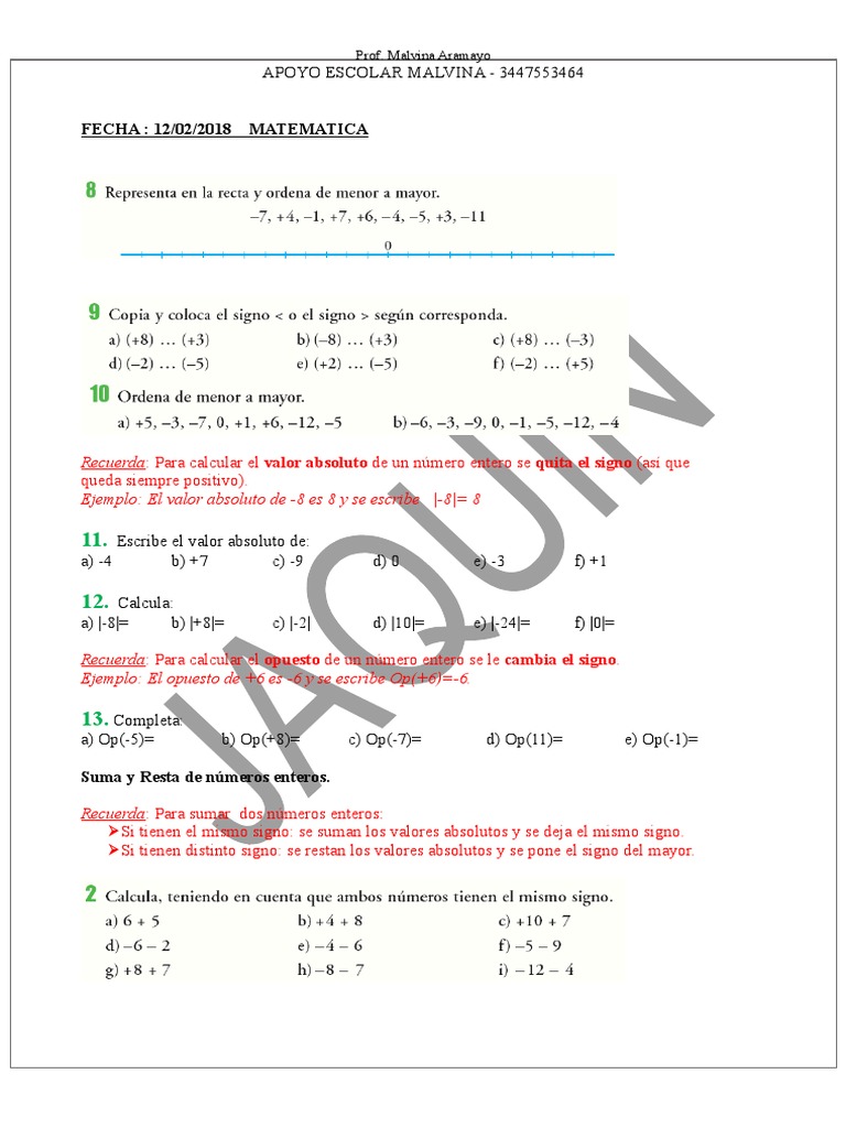 Ejercicos Repaso Numeros Enteros | PDF | Entero | Multiplicación
