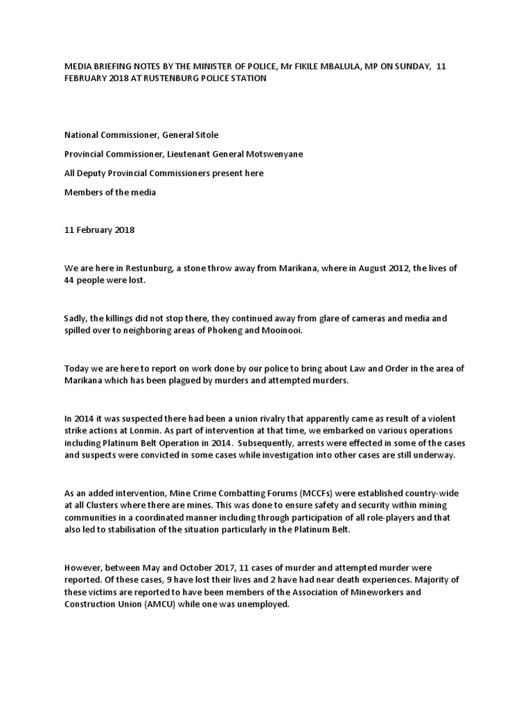 Media Briefing Notes by the Minister of Police | Murder | Arrest